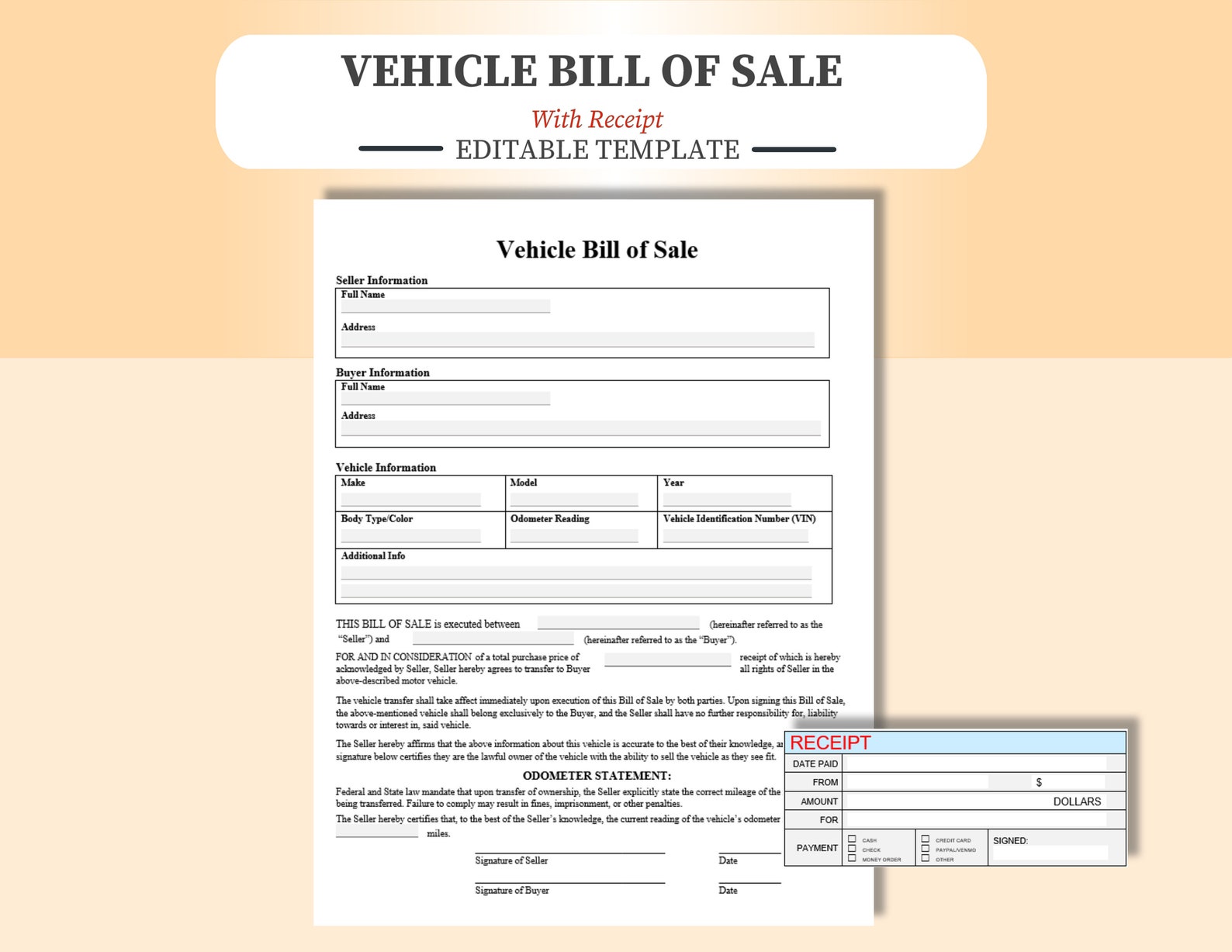Vehicle Bill of Sale With Receipt, Editable, Fillable, Bill of Sale ...