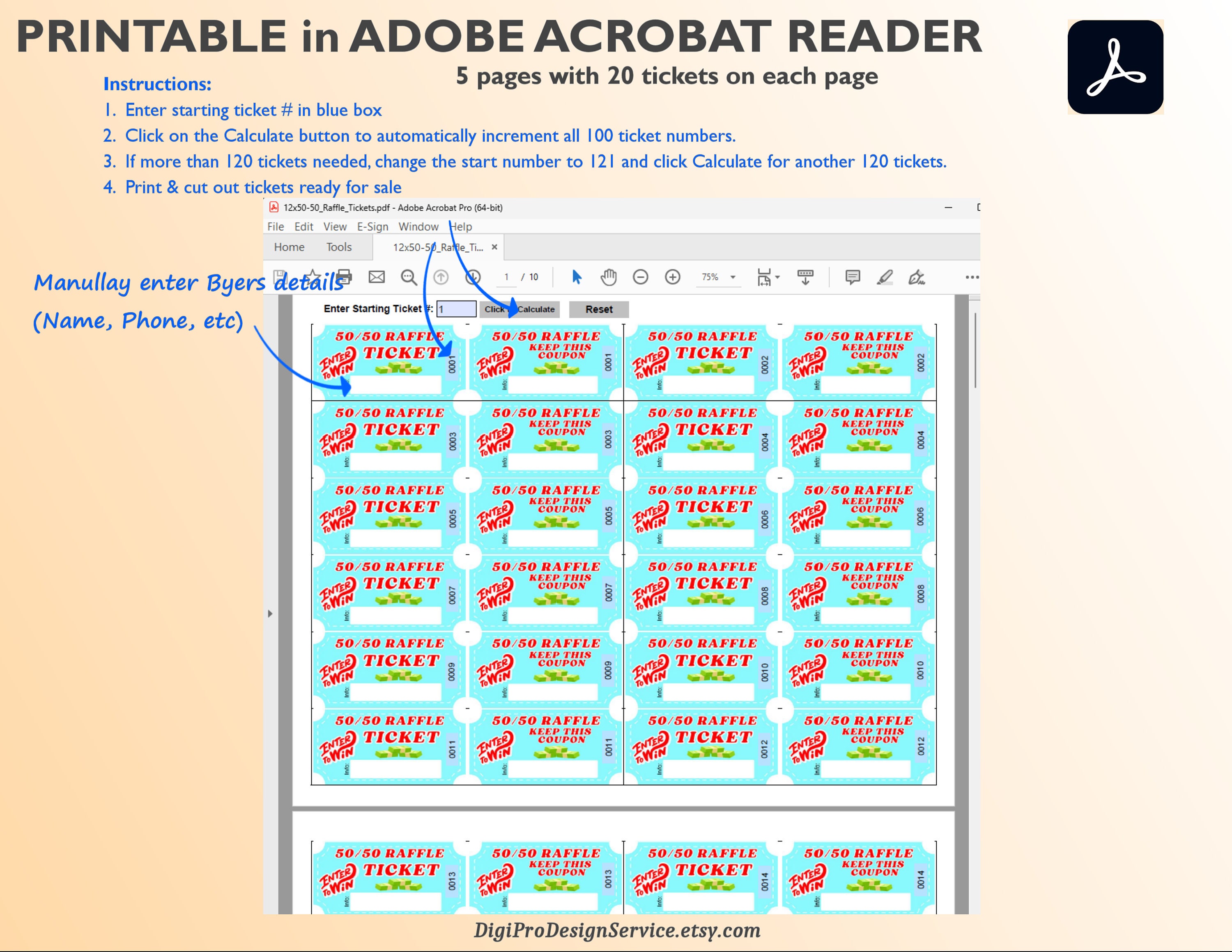 50/50 Raffle Tickets, Word and PDF Templates - 12 per Page. PDF ...