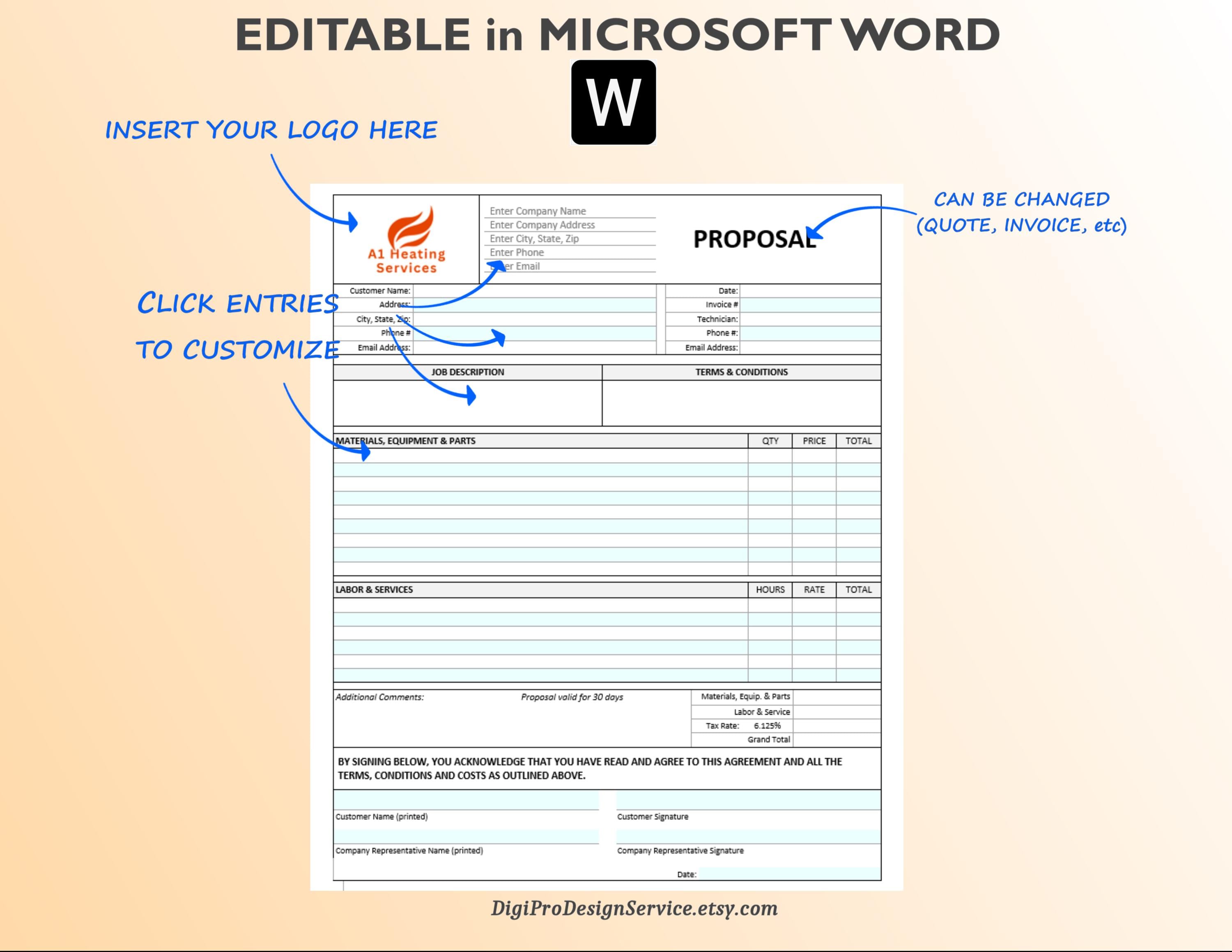 Editable Heating Proposal Template: Excel, Word, PDF, Google Sheets - Etsy