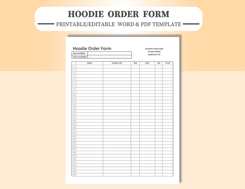 Hoodie Order Form Template: Editable PDF, Word & Google Docs - Etsy