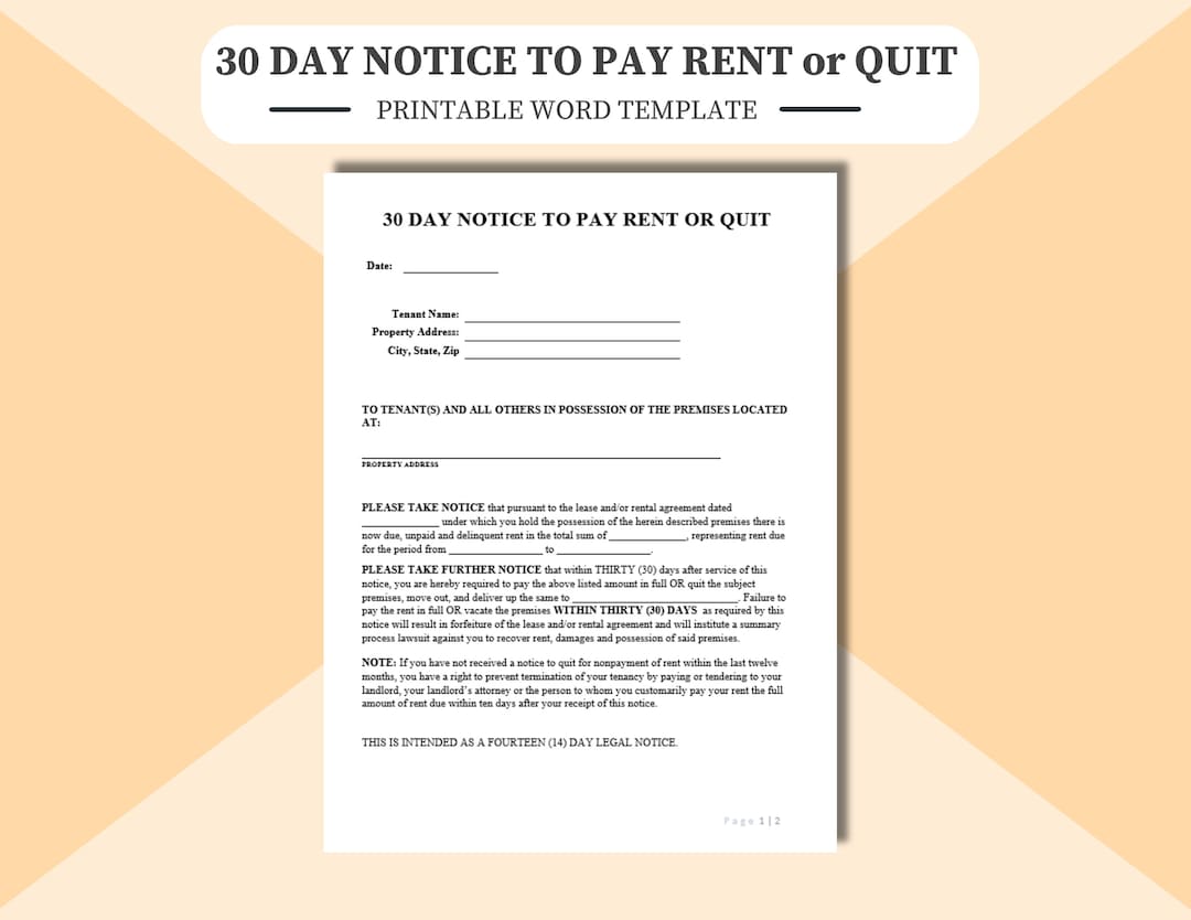 Printable 30 Day Notice to Pay Rent or Quit (word Doc) - Etsy