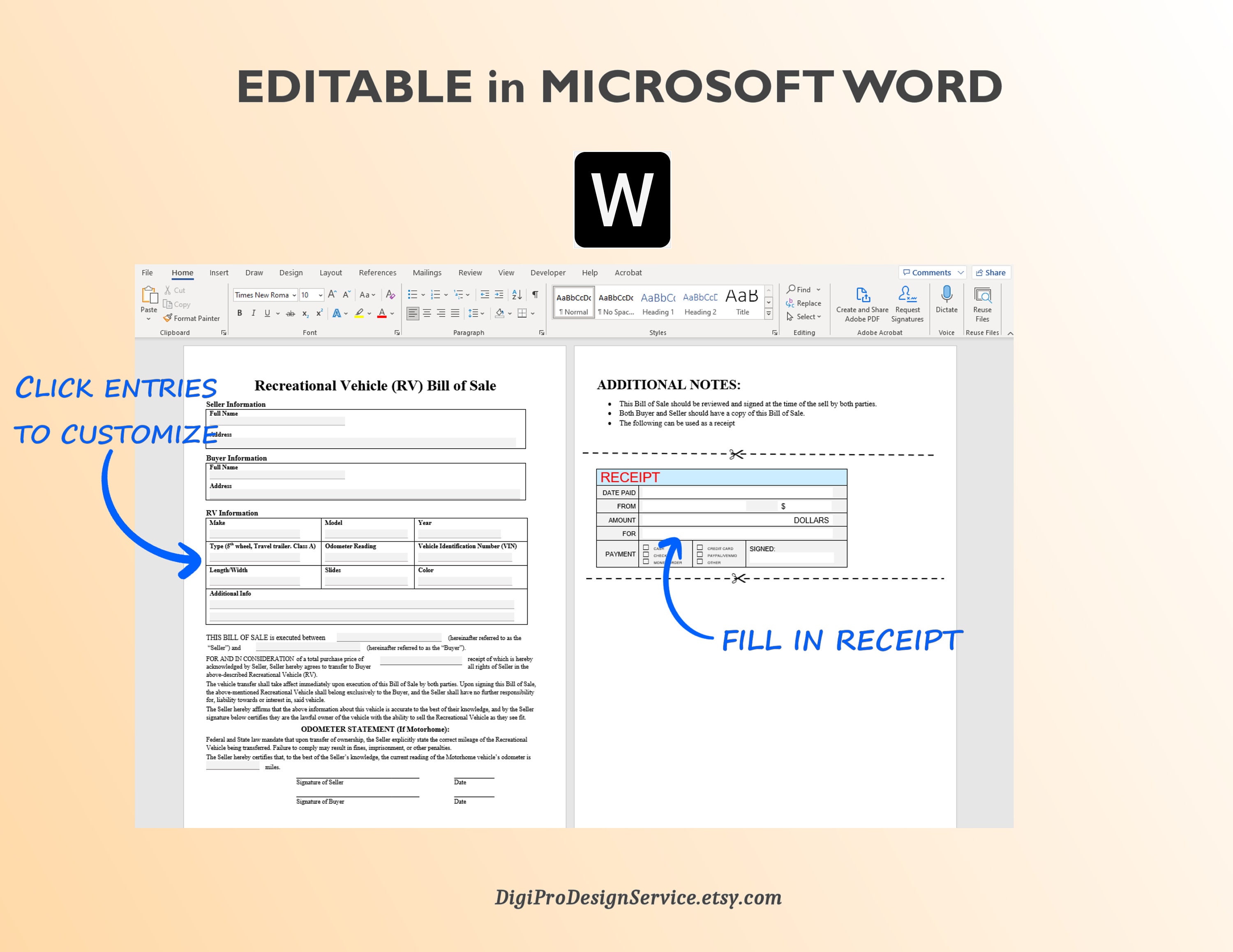 Recreational Vehicle RV Bill of Sale Contract - Editable PDF, Word ...
