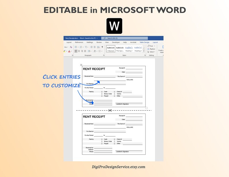 Editable Rent Receipt Template: Fillable PDF & Word Doc - Etsy