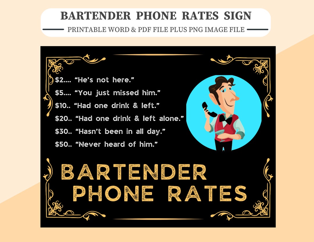 Bartender Phone Rates Sign: Funny Bar Mancave Decor (printable PDF ...
