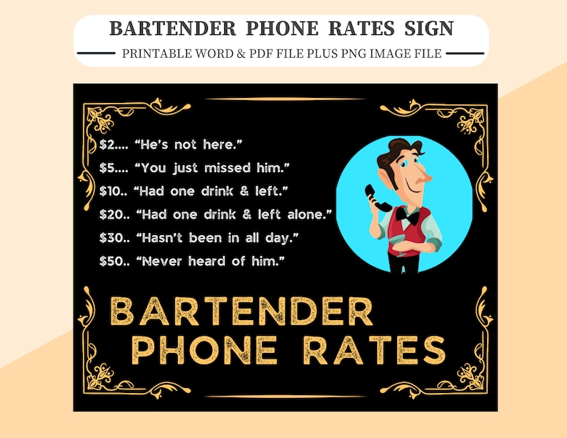 Bartender Phone Rates Sign: Funny Bar Mancave Decor (printable PDF ...