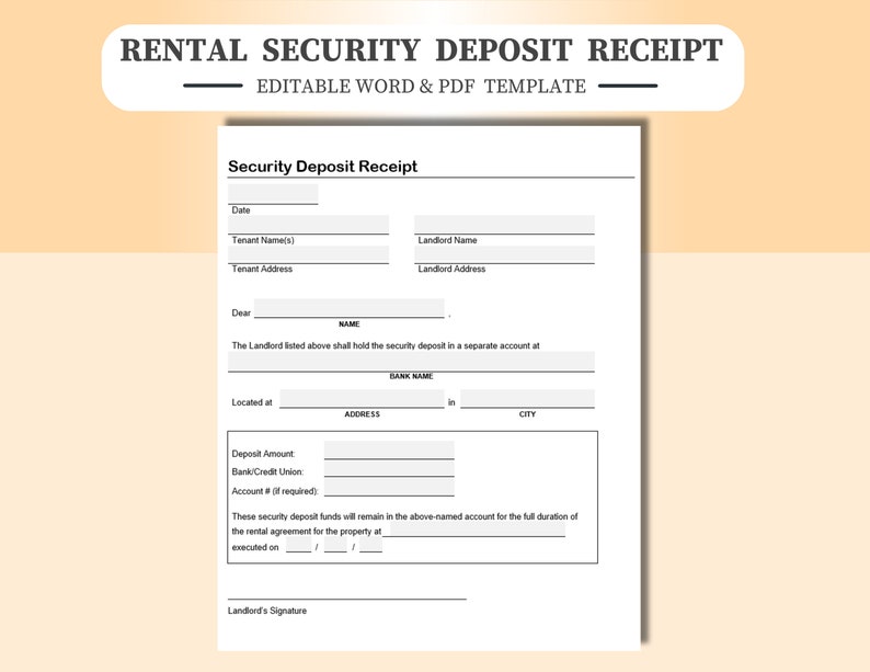 Editable Rent Security Deposit Receipt (WORD & PDF) - Etsy