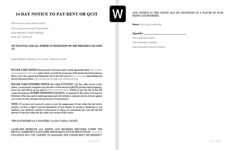 14-day Notice to Pay Rent or Quit - Editable Template (PDF, Word ...