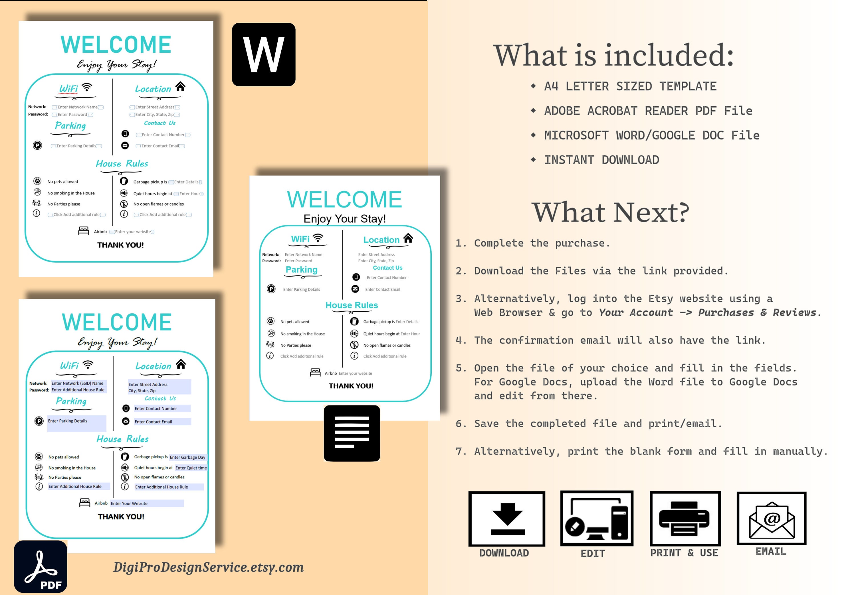 Airbnb Welcome Sign - Editable in WORD, Adobe PDF & Google Docs. A4/US ...