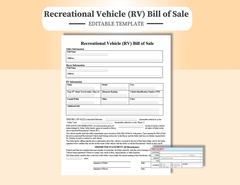 Recreational Vehicle RV Bill of Sale Contract - Editable PDF, Word ...