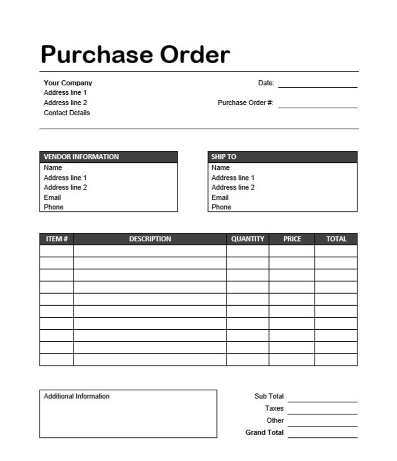 Editable Purchase Order Template: Fillable PDF & Word - Etsy