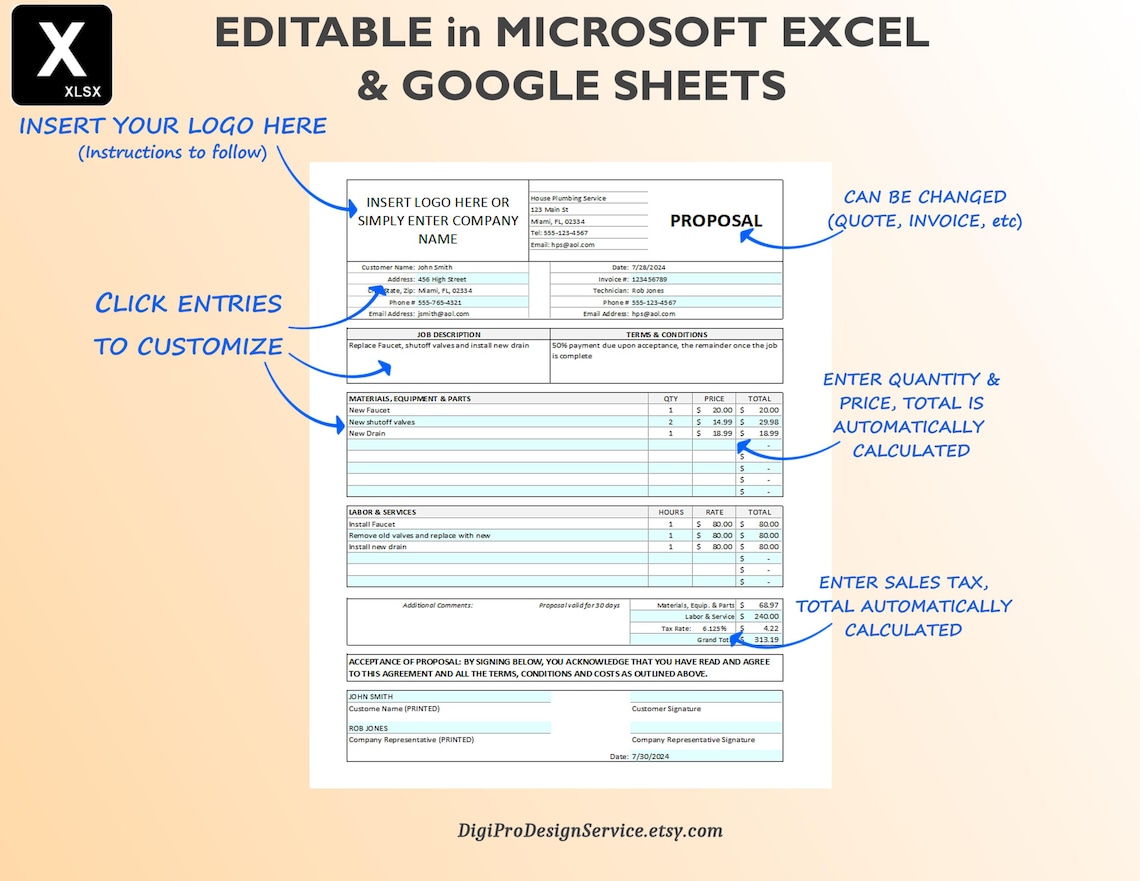 Editable Plumbing Proposal Template: Excel, Word, PDF, Google Sheets - Etsy