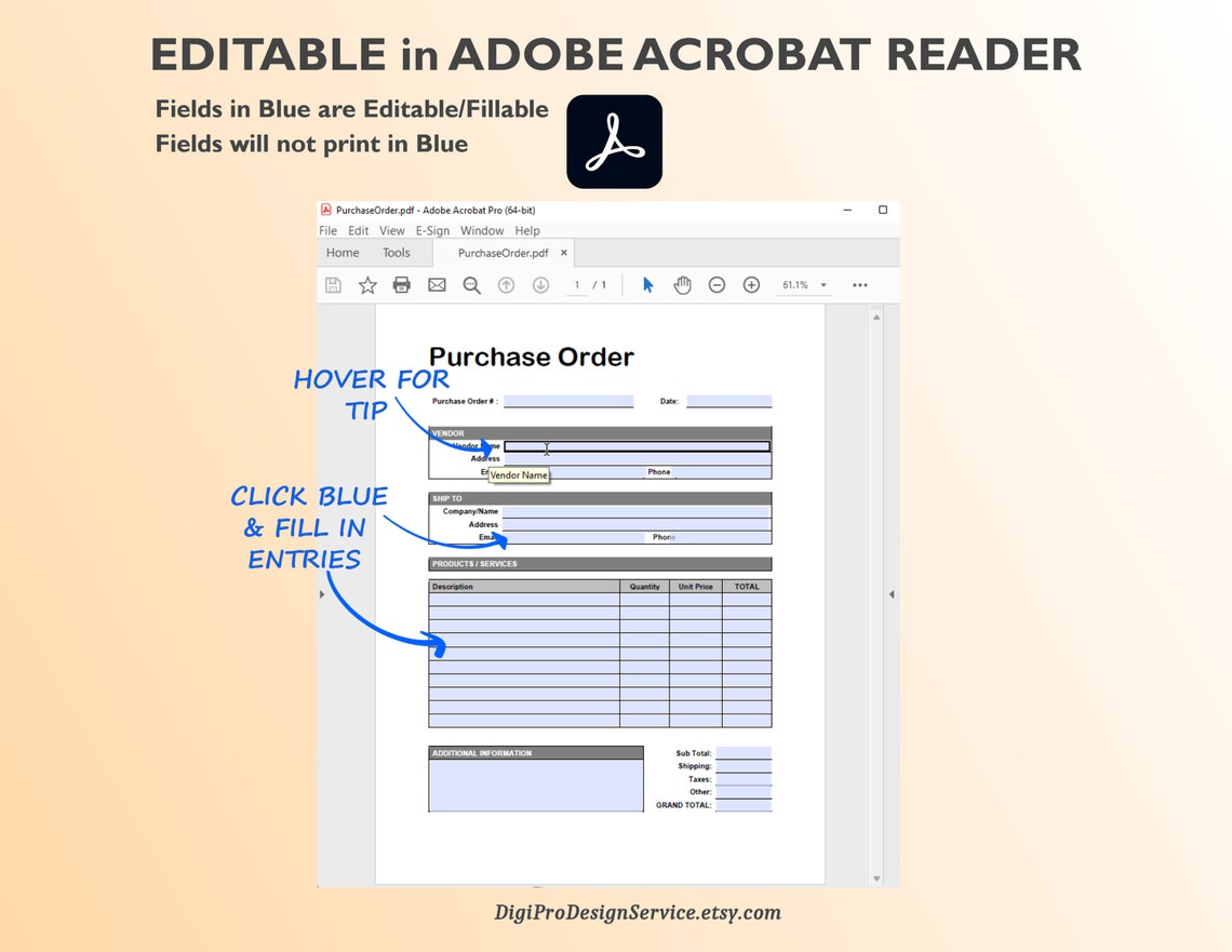 Editable Purchase Order Form: Fillable PDF & Word Template - Etsy