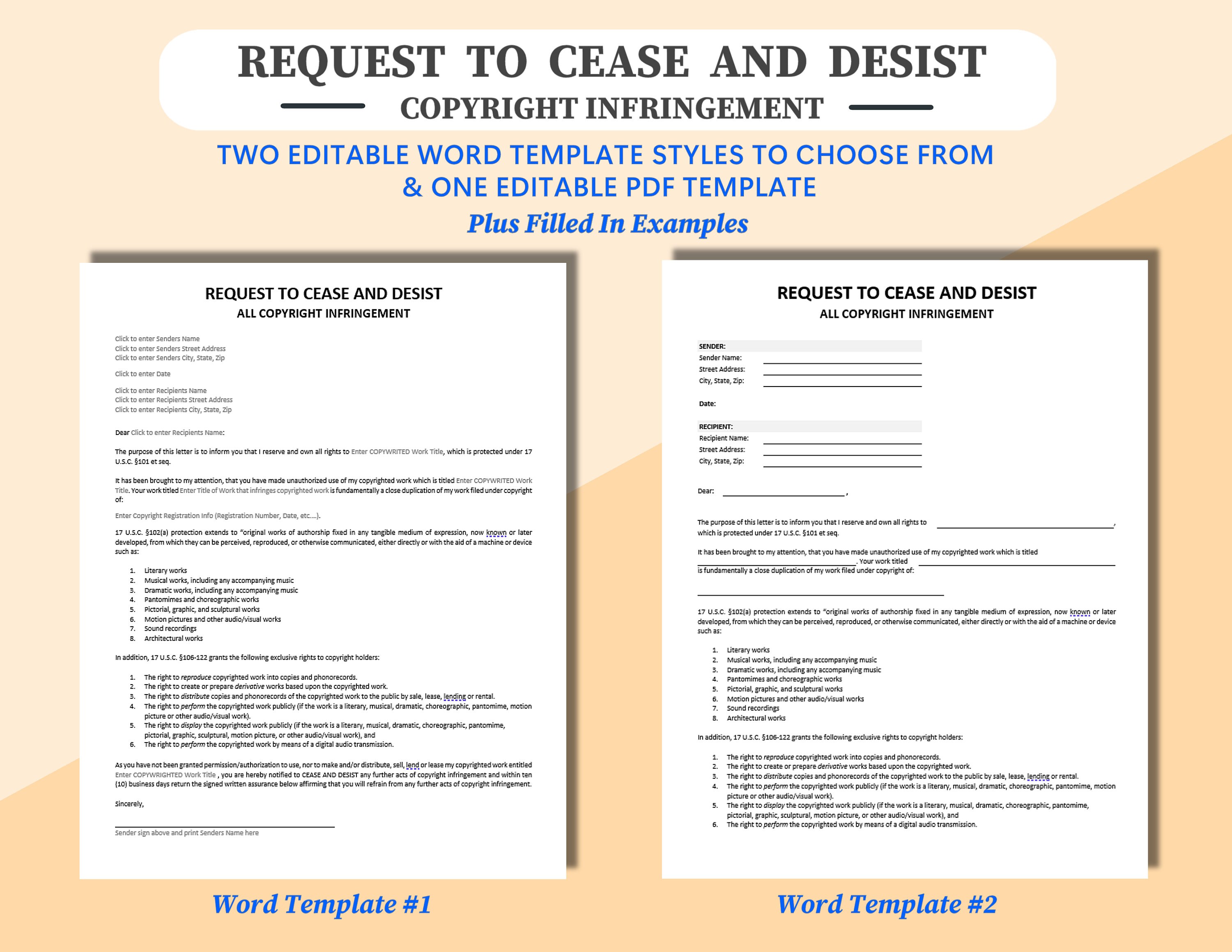 Copyright Infringement Cease and Desist Form. Fully Editable Word and ...
