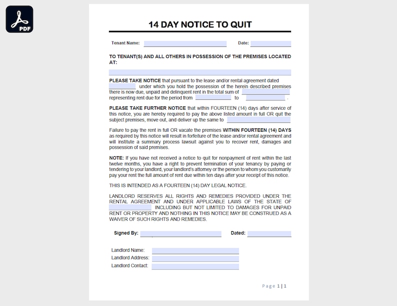 14 Day Notice to Quit/vacate Template (word & PDF) - Etsy