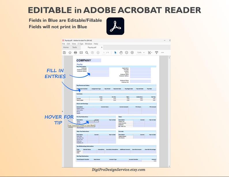 Editable Pay Stub Template: Auto-calculating Pdf/word - Etsy