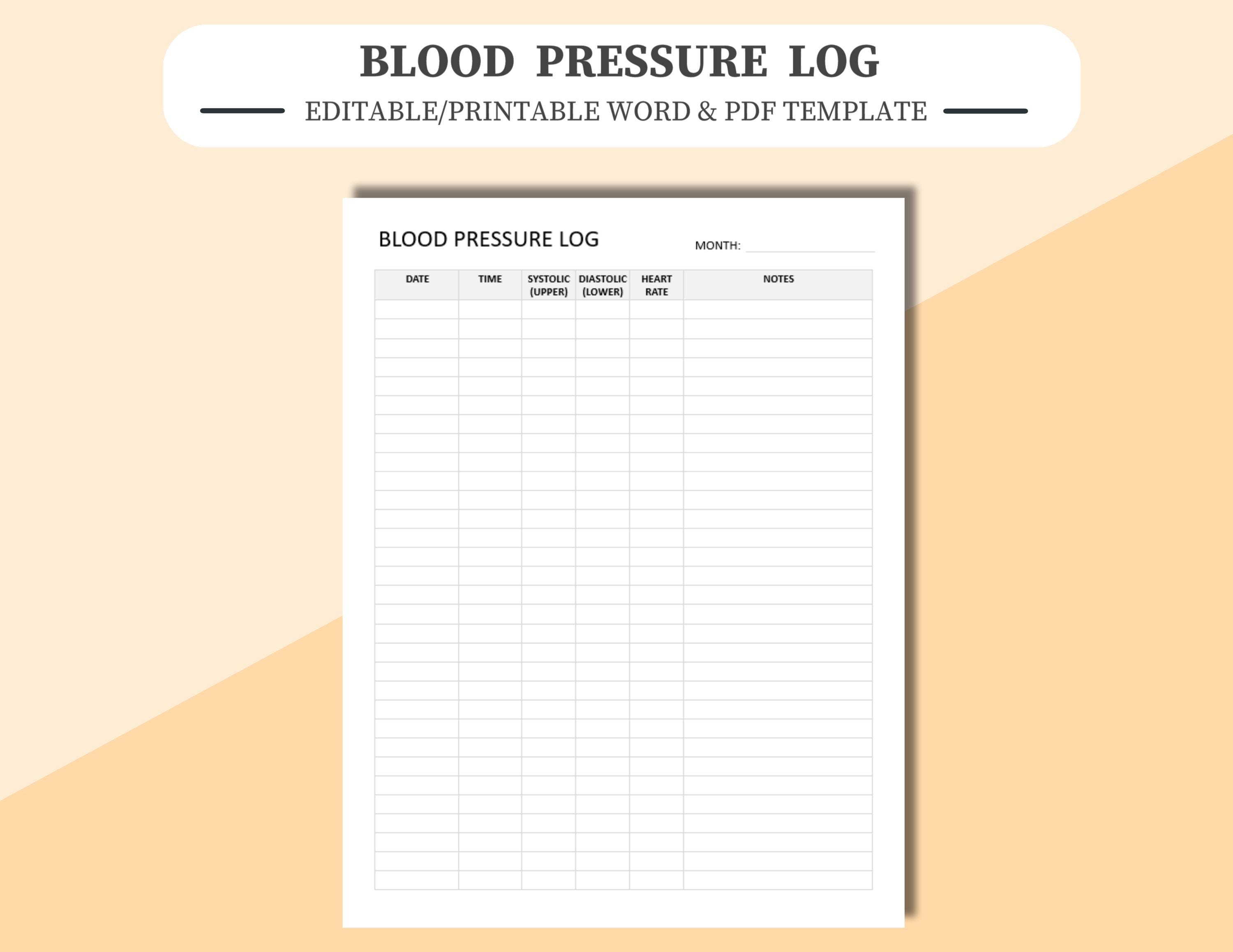 Blood Pressure Log Form. Editable or Printable Digital Form. Digitally ...
