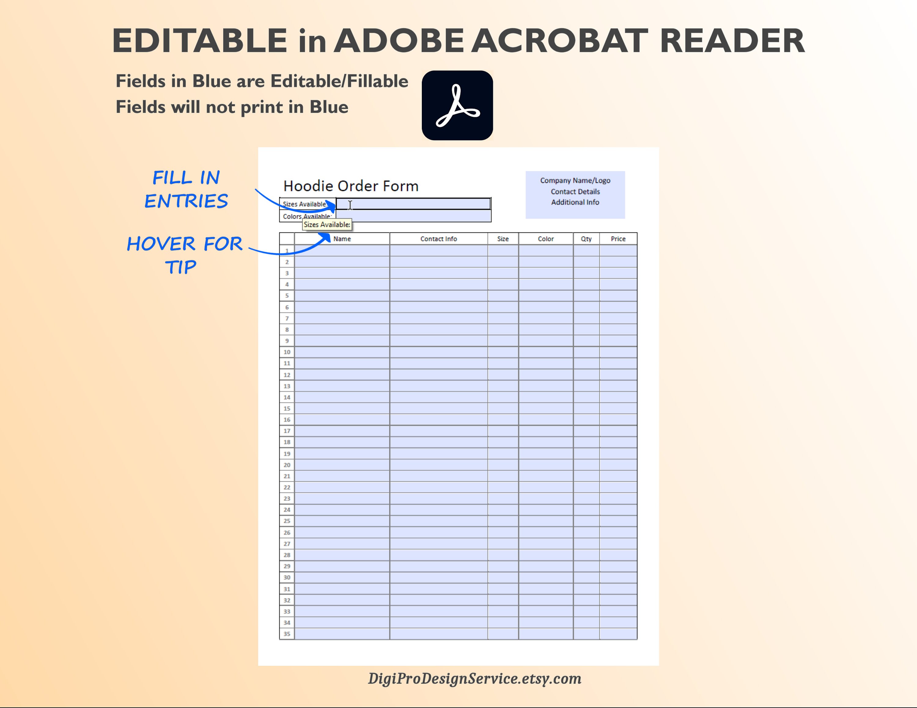 Hoodie Order Form Template: Editable PDF, Word & Google Docs - Etsy