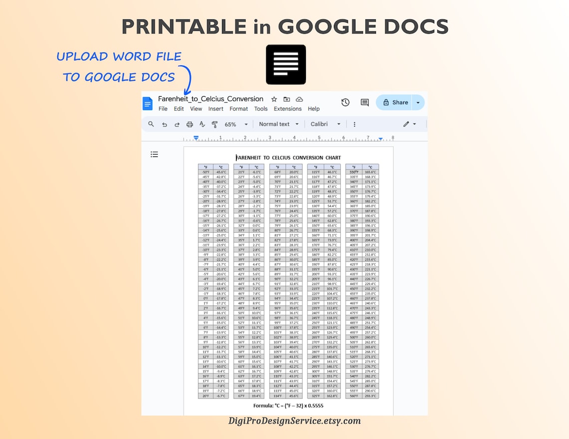 Printable Temperature Conversion Chart: Fahrenheit to Celsius (PDF) - Etsy
