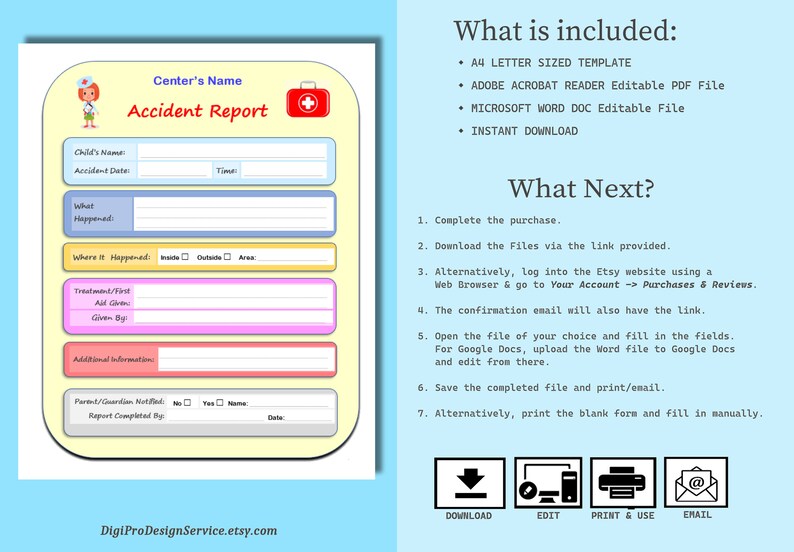 Child/daycare Accident Report Form - Editable in WORD and PDF - A4/US ...