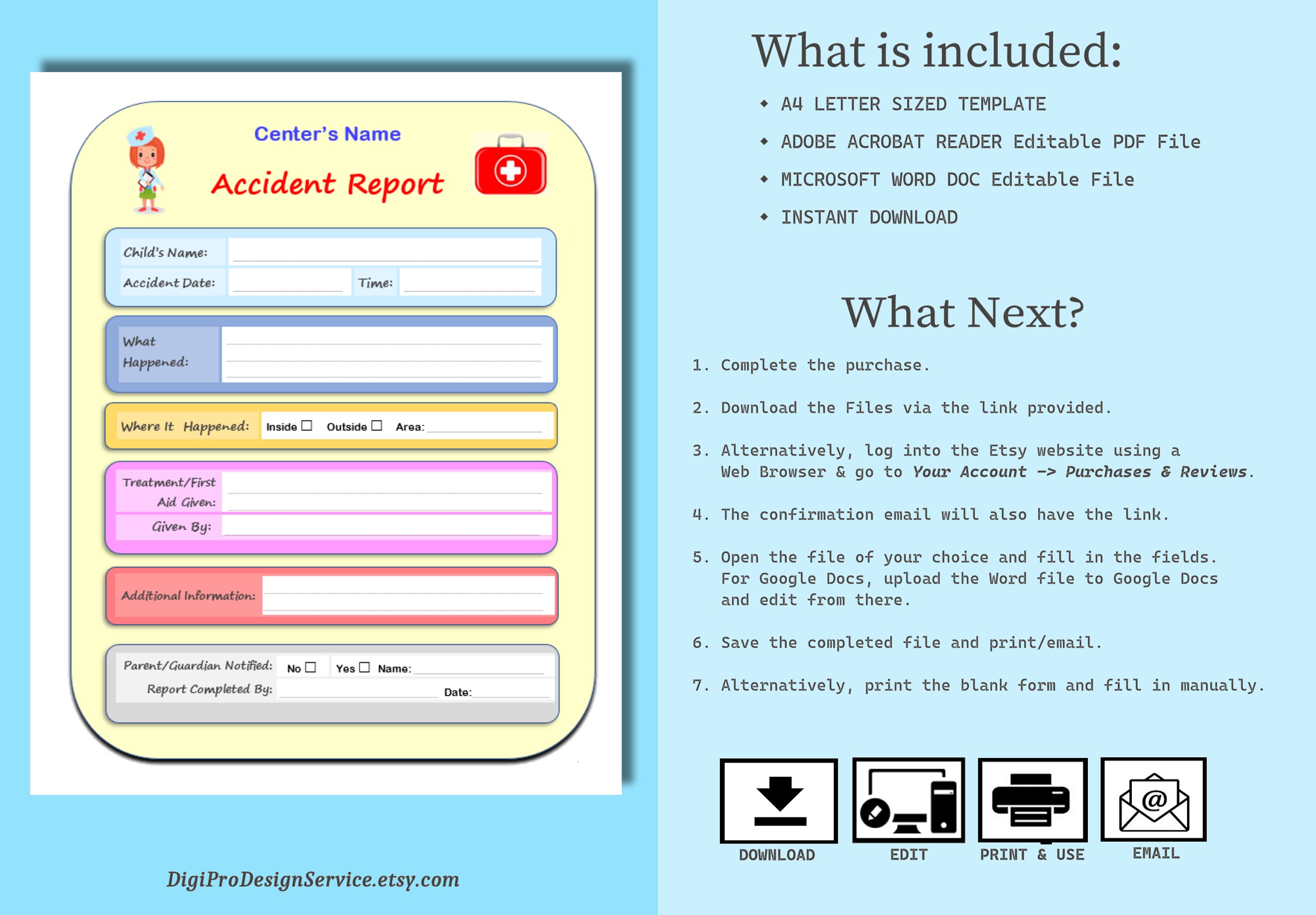 Child/daycare Accident Report Form - Editable in WORD and PDF - A4/US ...