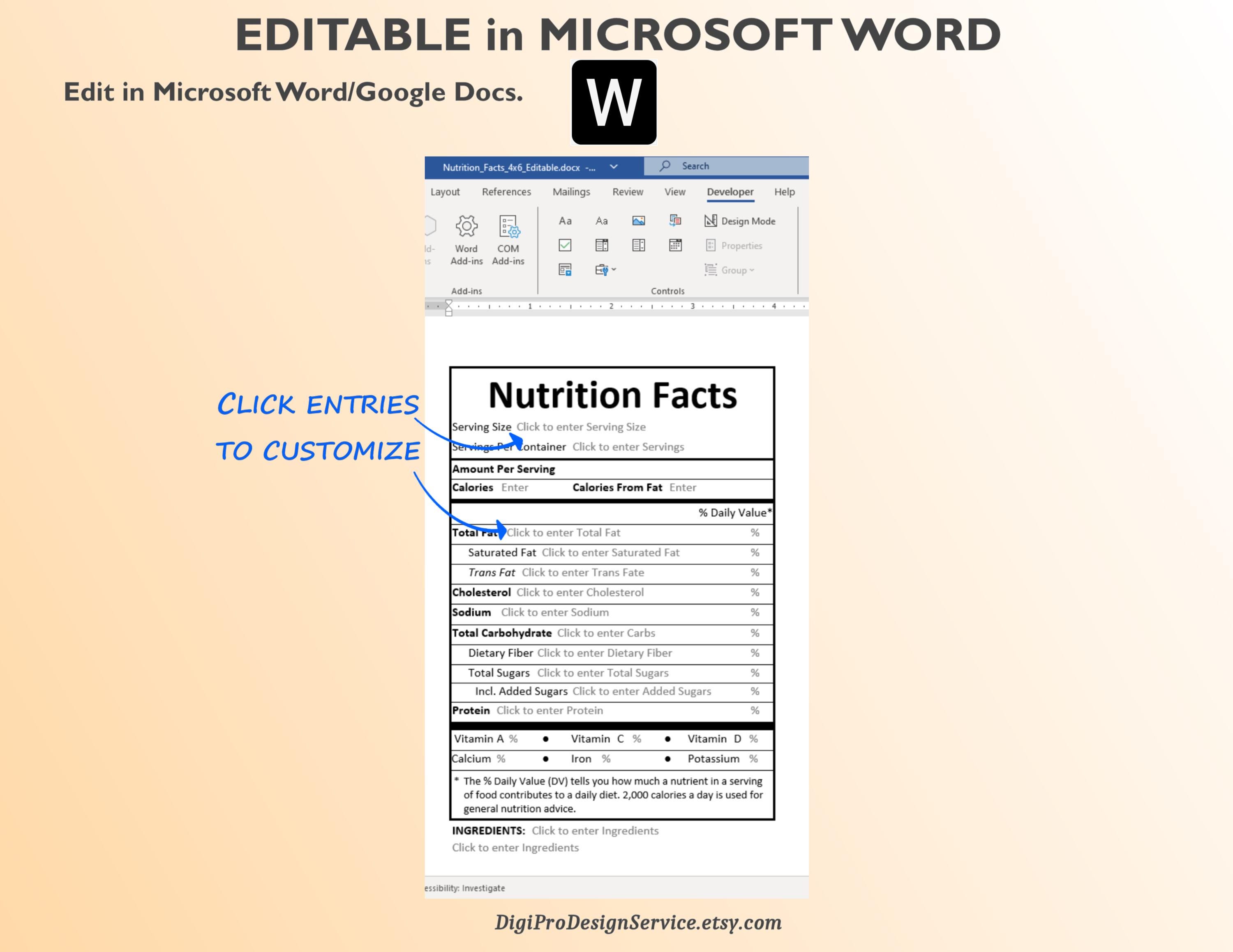 Editable Nutrition Facts Label Template (4x6 Inch) (PDF, Word, Google ...