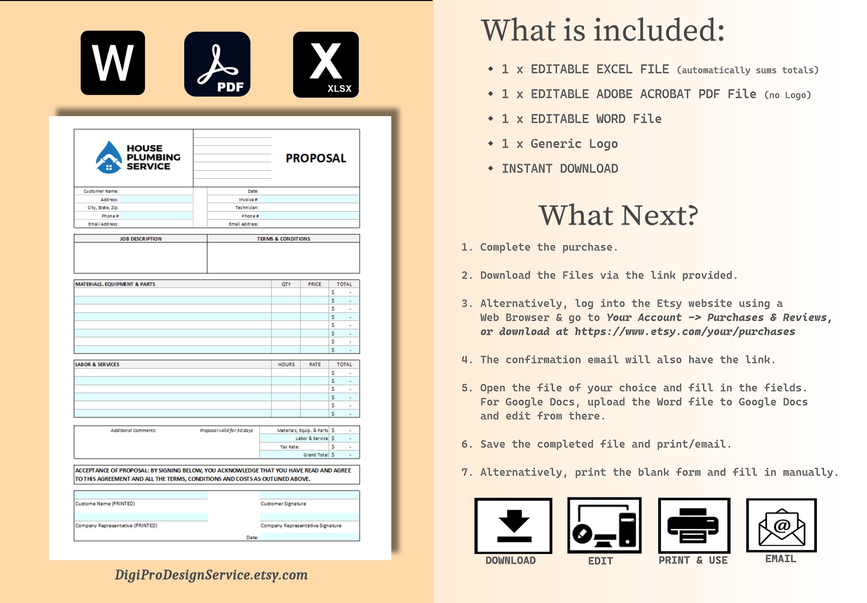 Editable Plumbing Proposal Template: Excel, Word, PDF, Google Sheets - Etsy