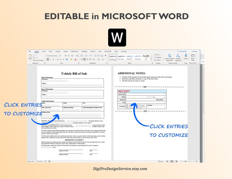 Vehicle Bill of Sale With Receipt, Editable, Fillable, Bill of Sale ...