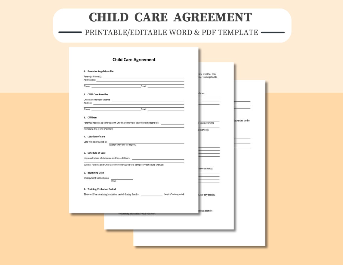 Child Care / Daycare Contract Agreement. Printable/digitally Editable ...