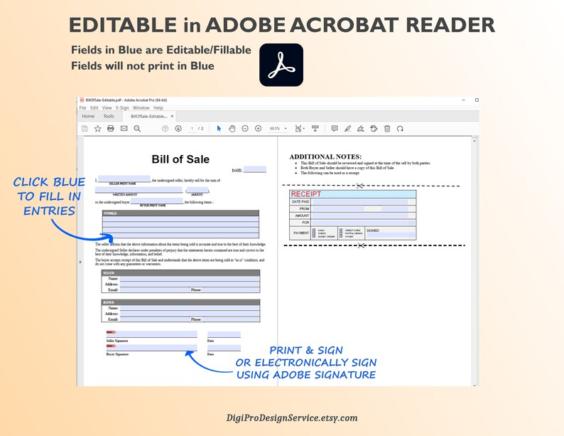 Bill of Sale Document, Fully Editable in WORD, PDF & Google Docs. Sale Receipt, Sold Receipt ...