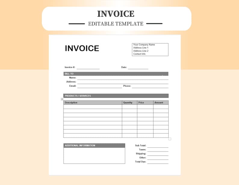 Editable Invoice Template: Printable Business Form (PDF, Word, Google Docs) - Etsy