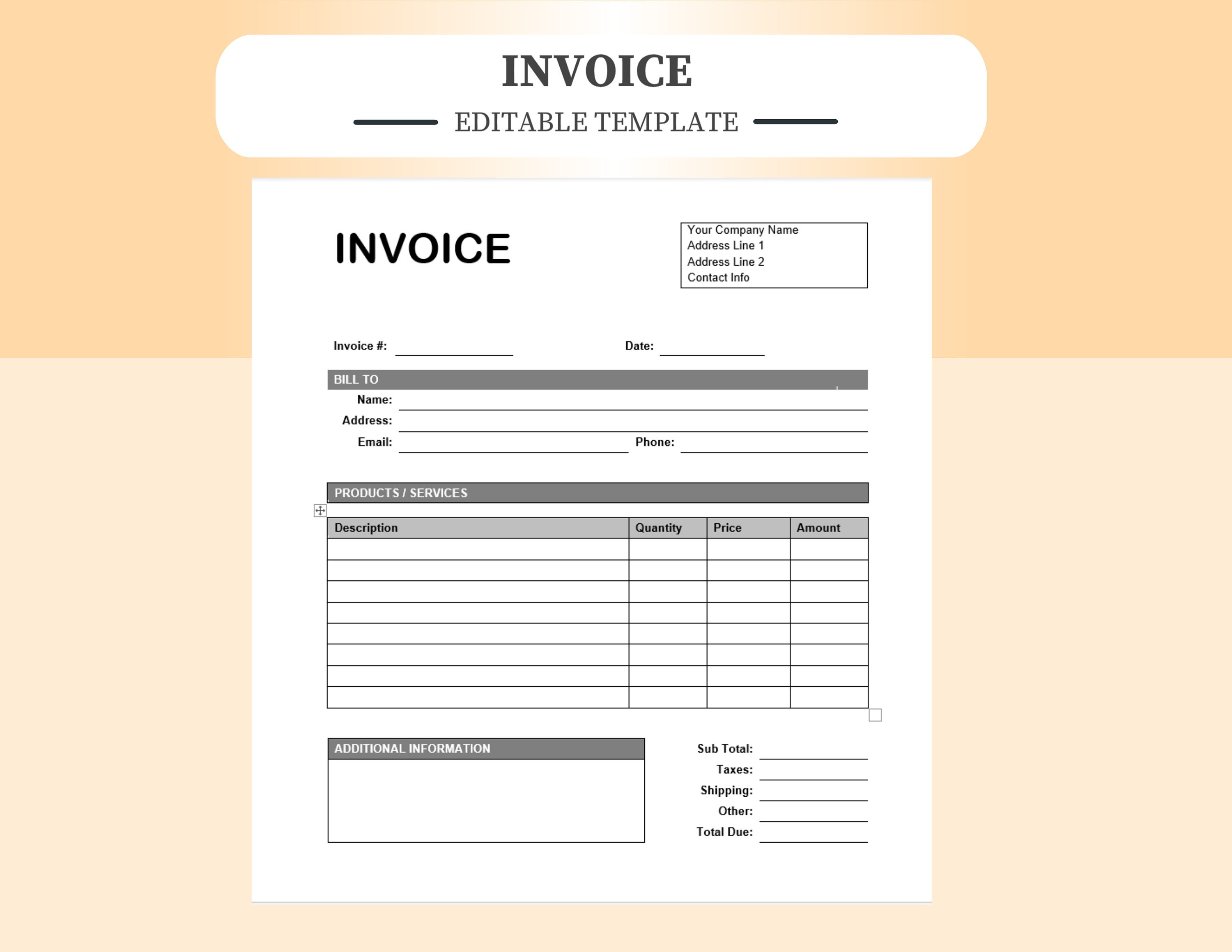 Editable Invoice Template: Printable Business Form (PDF, Word, Google ...