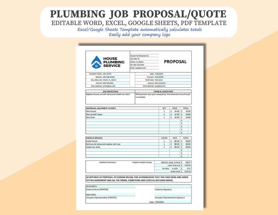 Editable Plumbing Proposal Form/template in Word, Excel, PDF, Google ...
