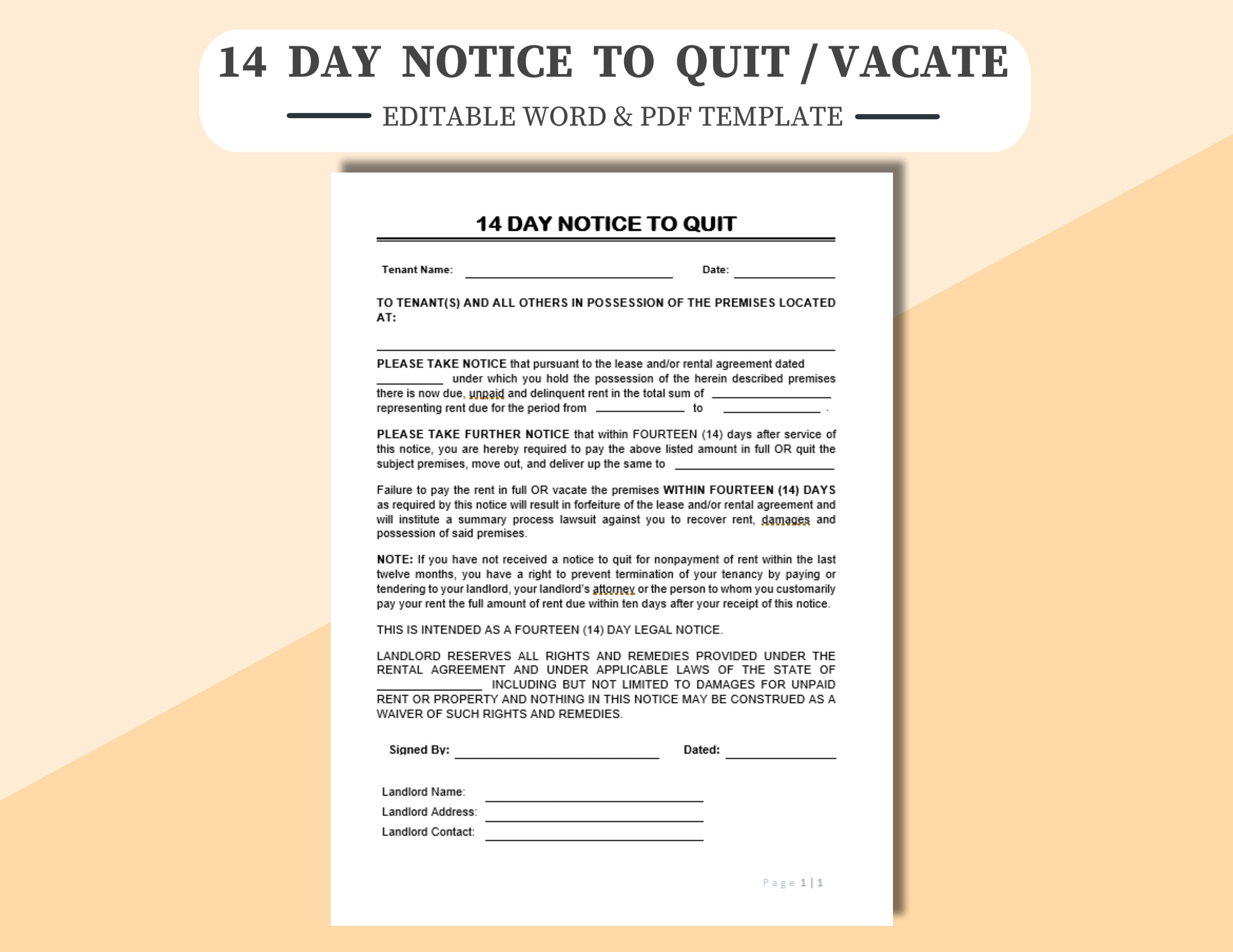 14 Day Notice to Quit / Vacate. Editable and Printable in WORD & PDF ...