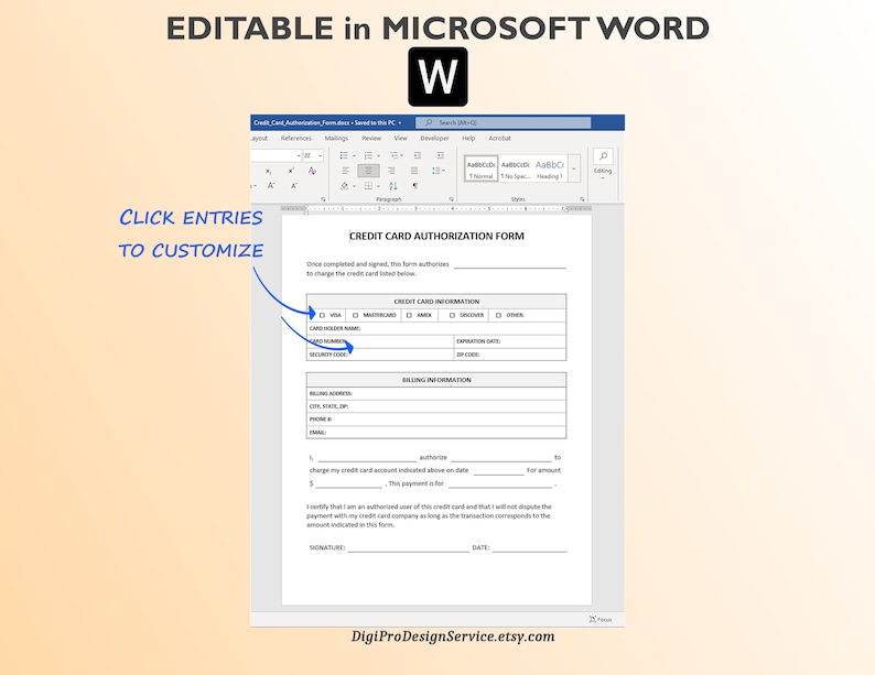 Credit Card Authorization Form: Editable PDF & Word Template - Etsy