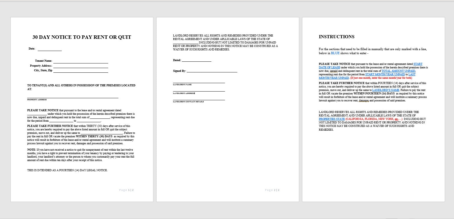Printable 30 Day Notice to Pay Rent or Quit (word Doc) - Etsy
