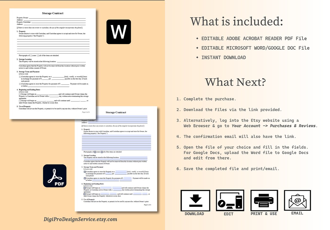 Storage Contract Agreement. Printable/editable Word and PDF Template ...
