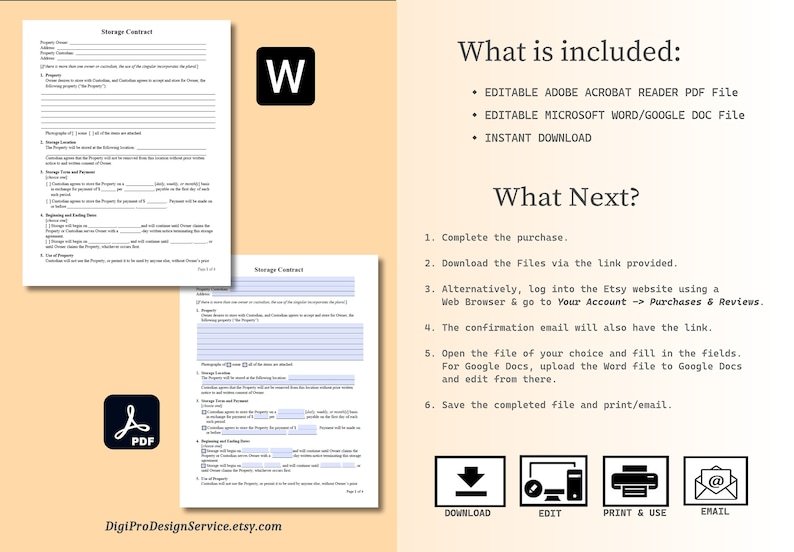 Storage Contract Agreement. Printable/editable Word and PDF Template ...
