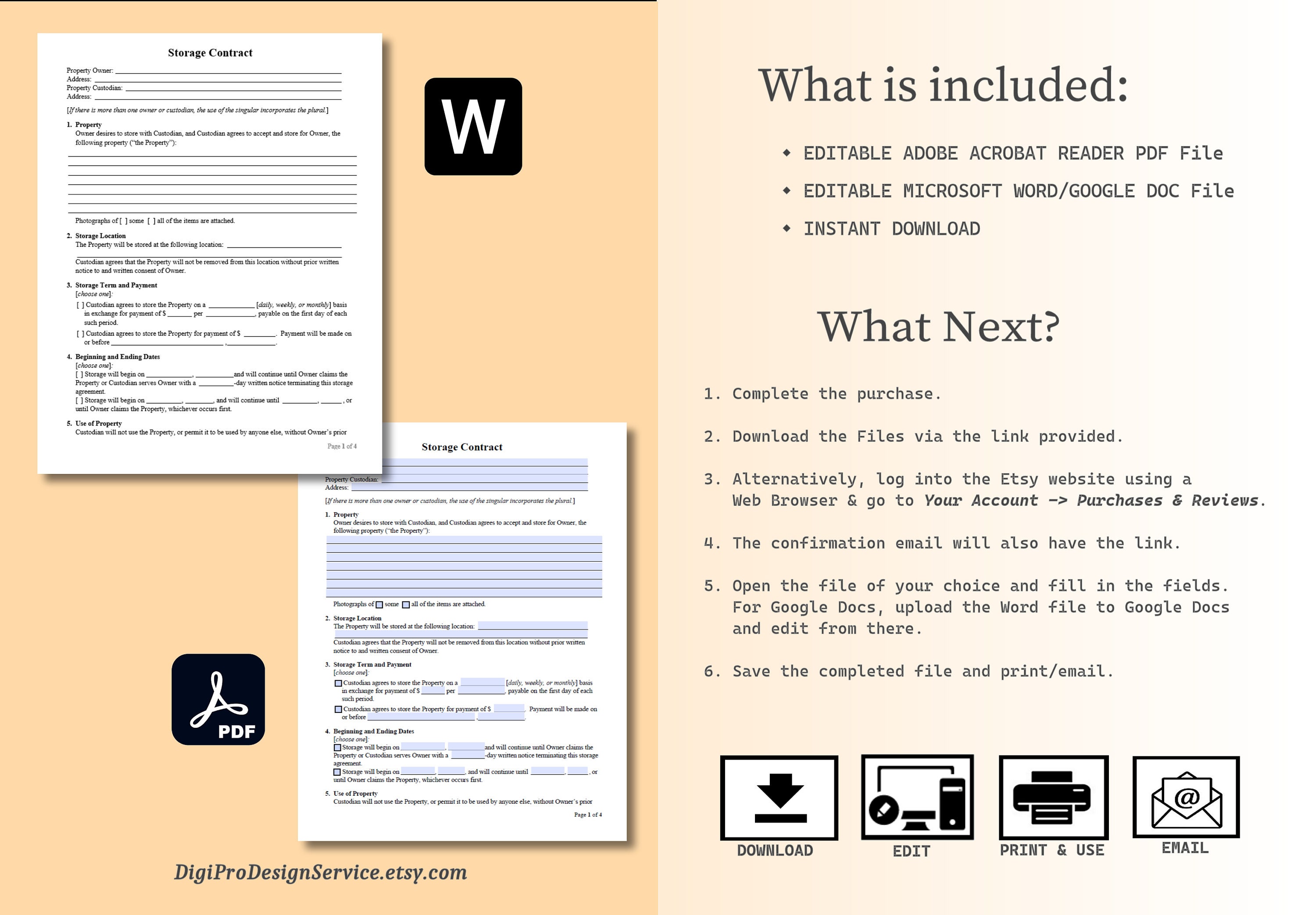Storage Contract Agreement. Printable/editable Word and PDF Template ...