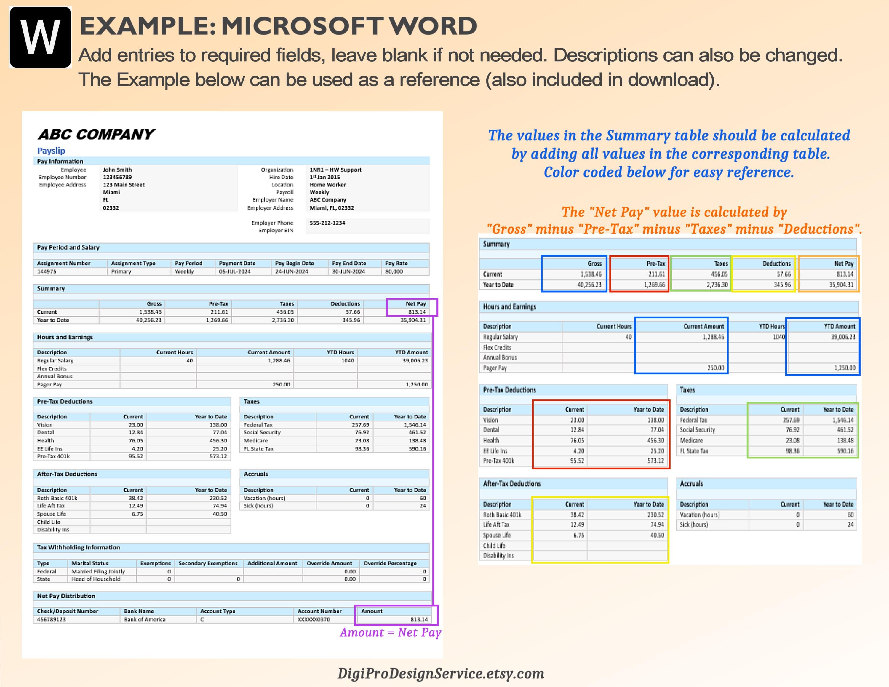 Editable Pay Stub Template: Auto-calculating Pdf/word - Etsy