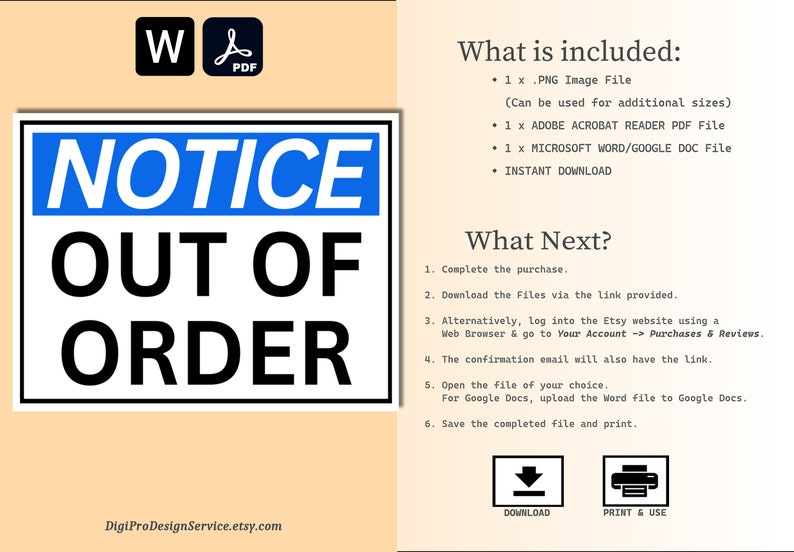 NOTICE Out of Order Sign. Printable A4/letter Size Word and PDF File ...
