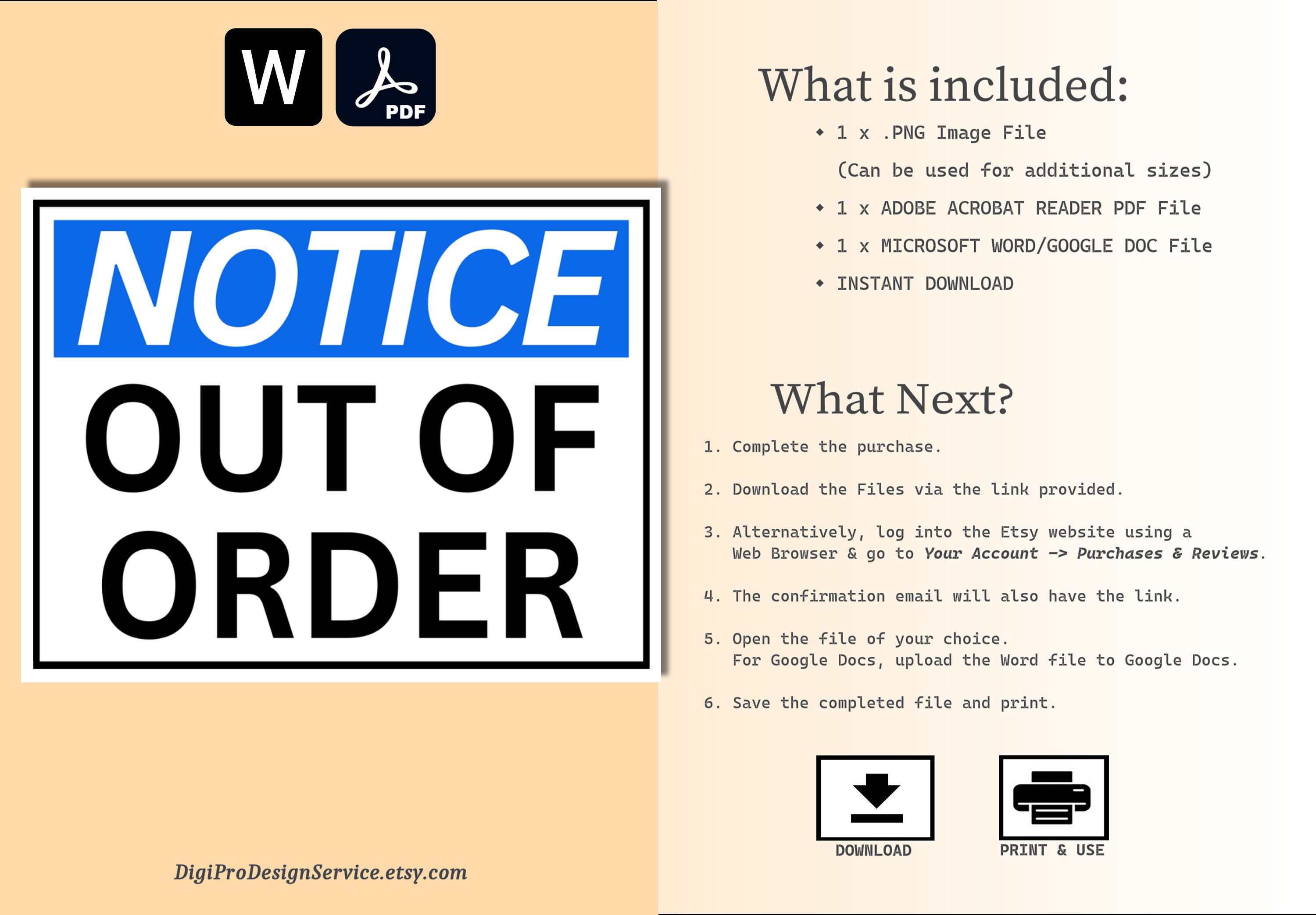 NOTICE Out of Order Sign. Printable A4/letter Size Word and PDF File ...