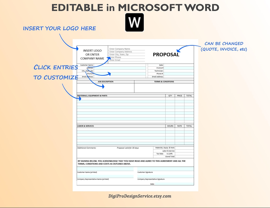 Editable Plumbing Proposal Template: Excel, Word, PDF, Google Sheets - Etsy