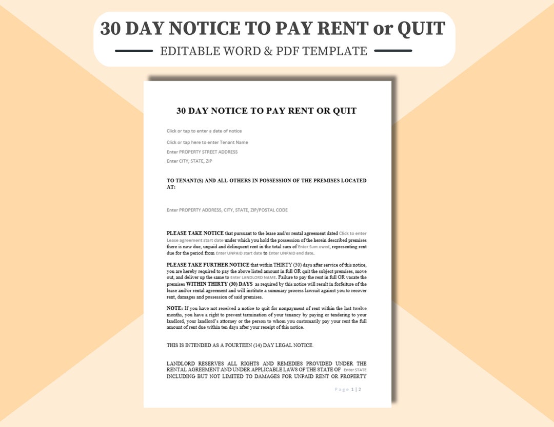 30-day Notice to Pay Rent or Quit - Editable Template (PDF, Word ...