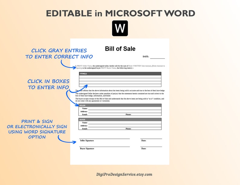 Bill of Sale Document, Fully Editable in WORD, PDF & Google Docs. Sale ...