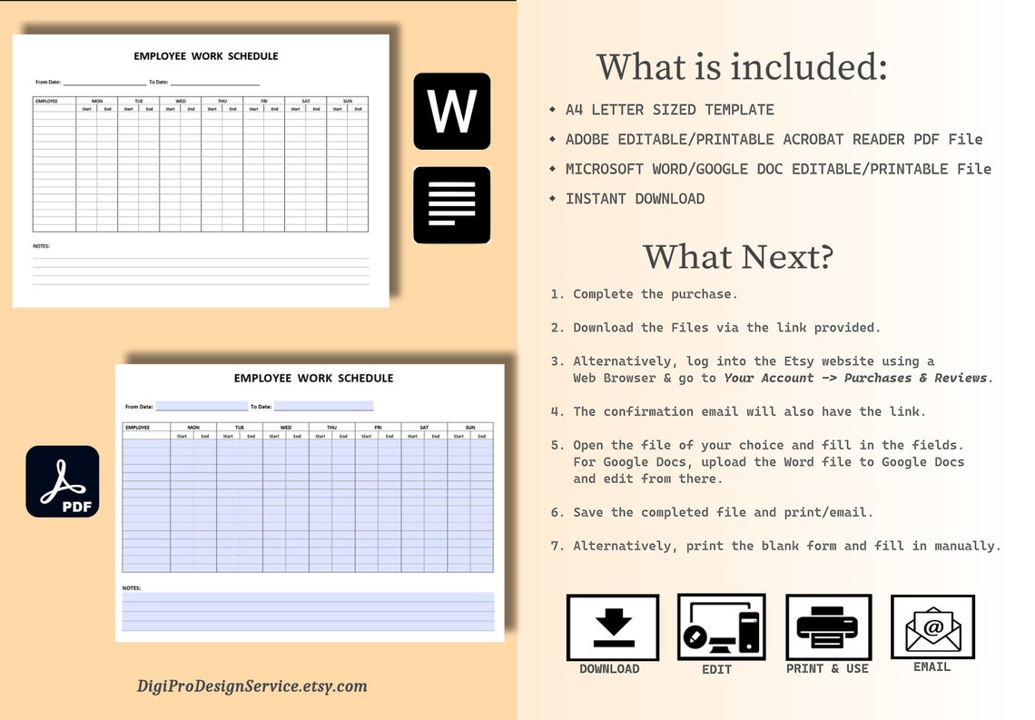 Employee Work Schedule Template: Editable & Printable (PDF, Word ...