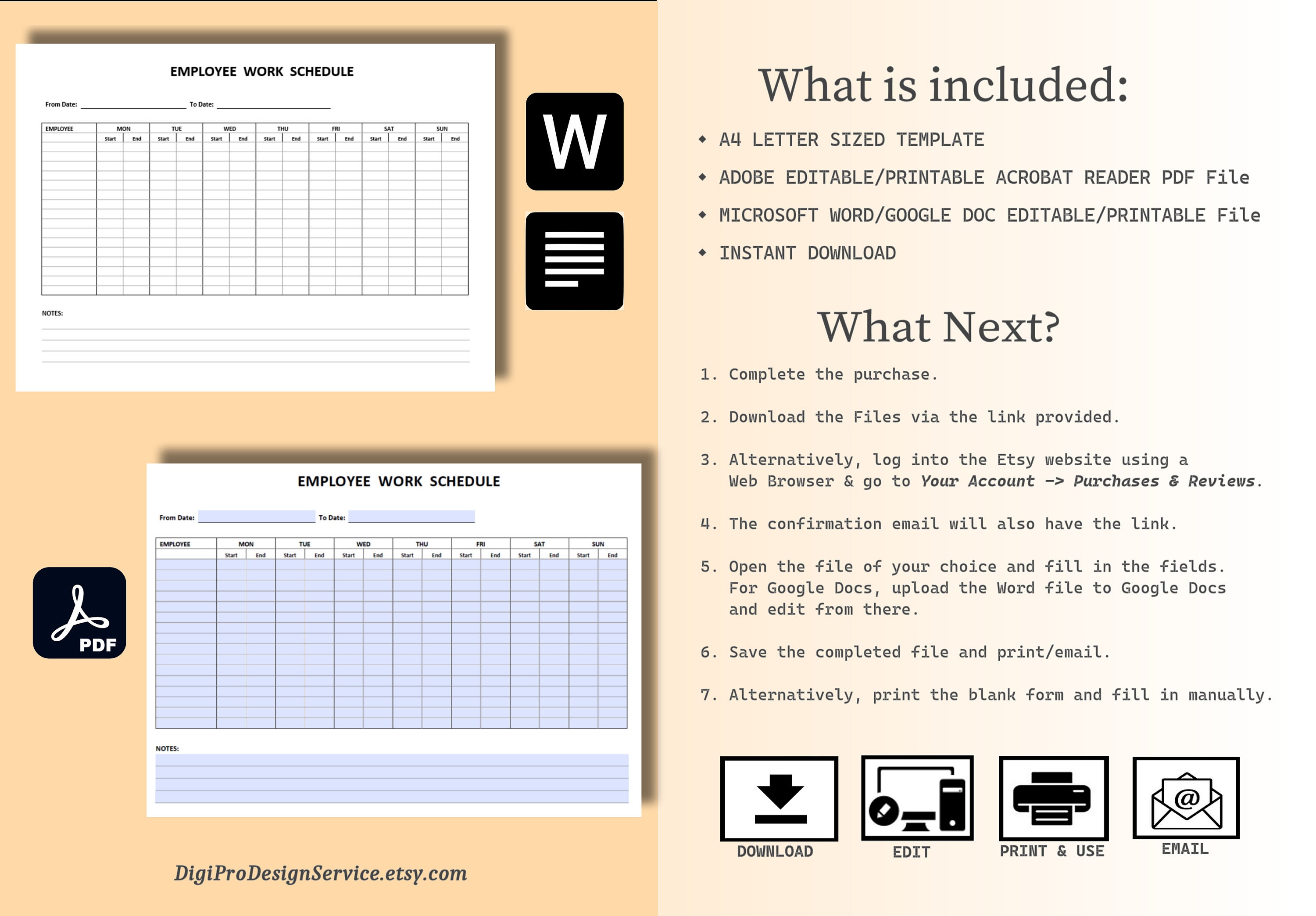 Employee Work Schedule Template: Editable & Printable (PDF, Word ...