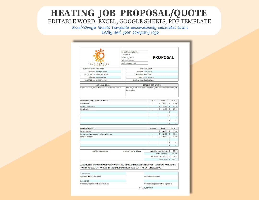 Editable Heating Proposal Template: Excel, Word, PDF, Google Sheets - Etsy