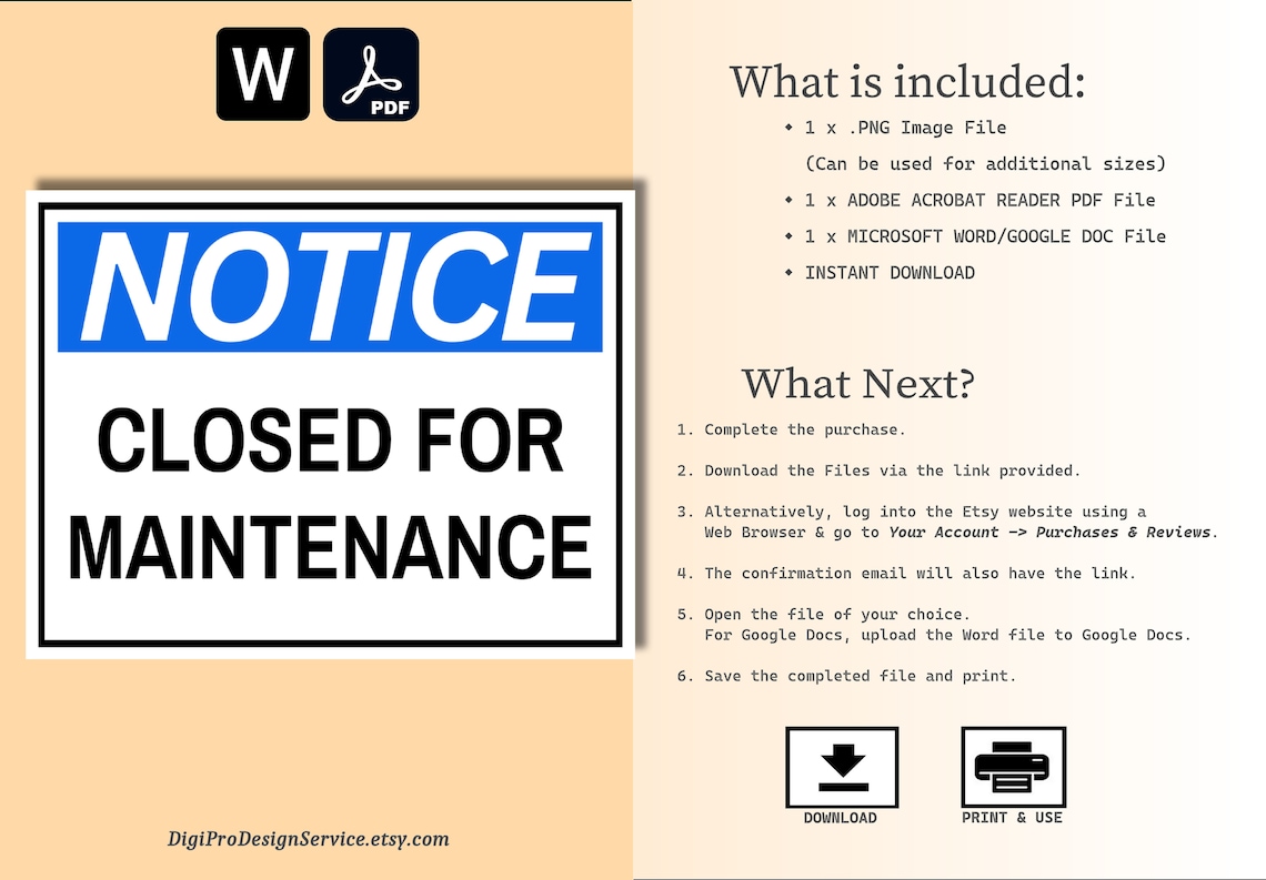 NOTICE Closed for Maintenance Sign. Printable A4/letter Size Word and ...