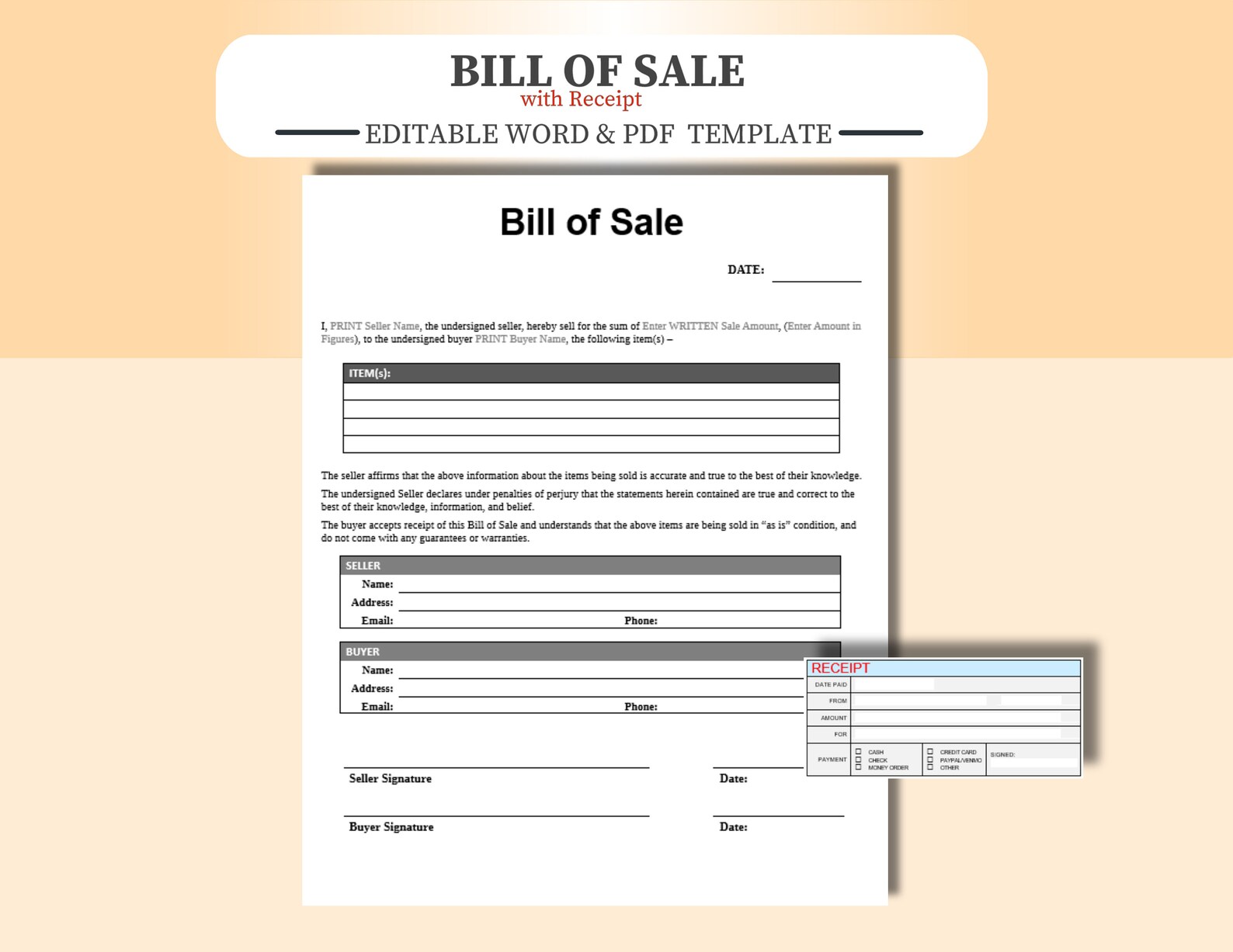 Bill of Sale Document, Fully Editable in WORD, PDF & Google Docs. Sale ...