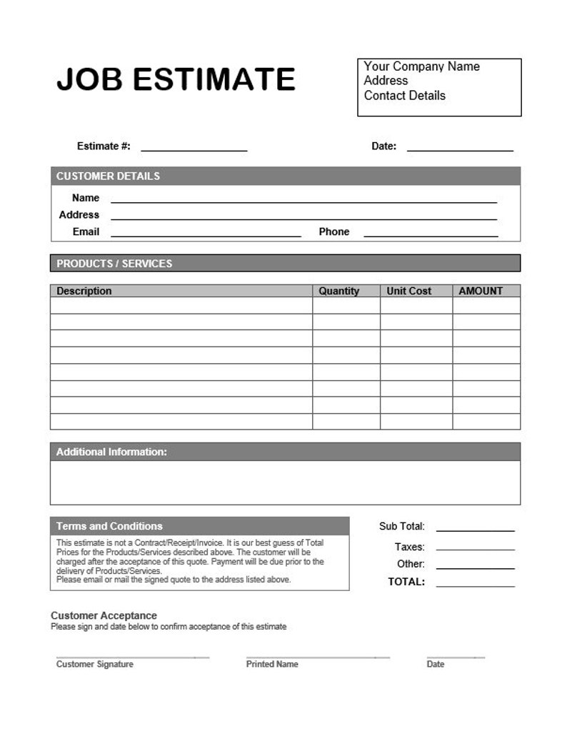 Editable Job Estimate Template: Printable Price Quote (WORD & PDF) - Etsy